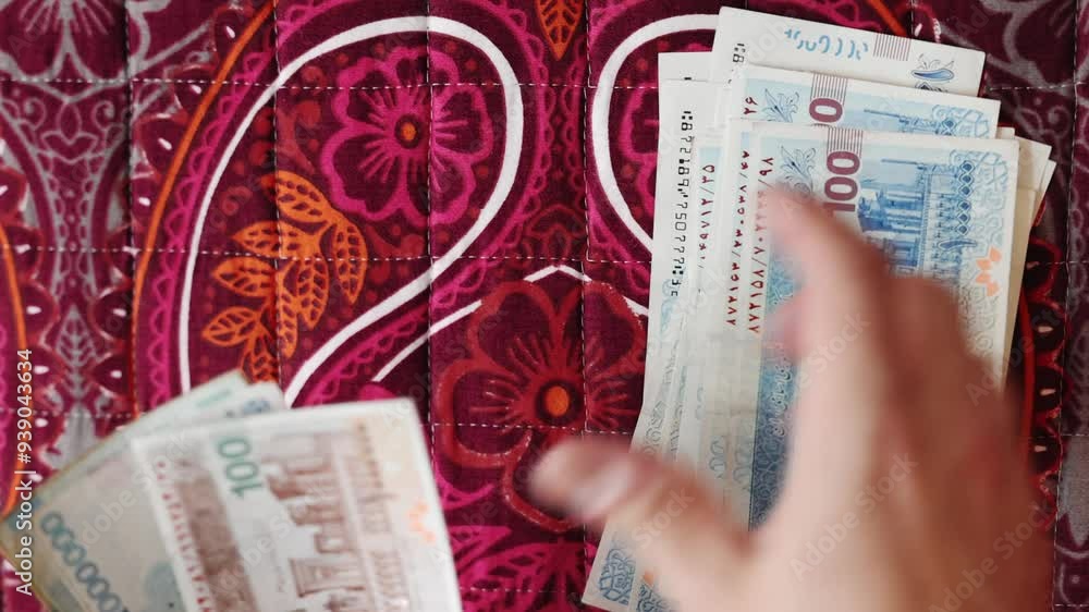 Iran's money, Iranian cheque. Man's hands counting large stack of rials ...