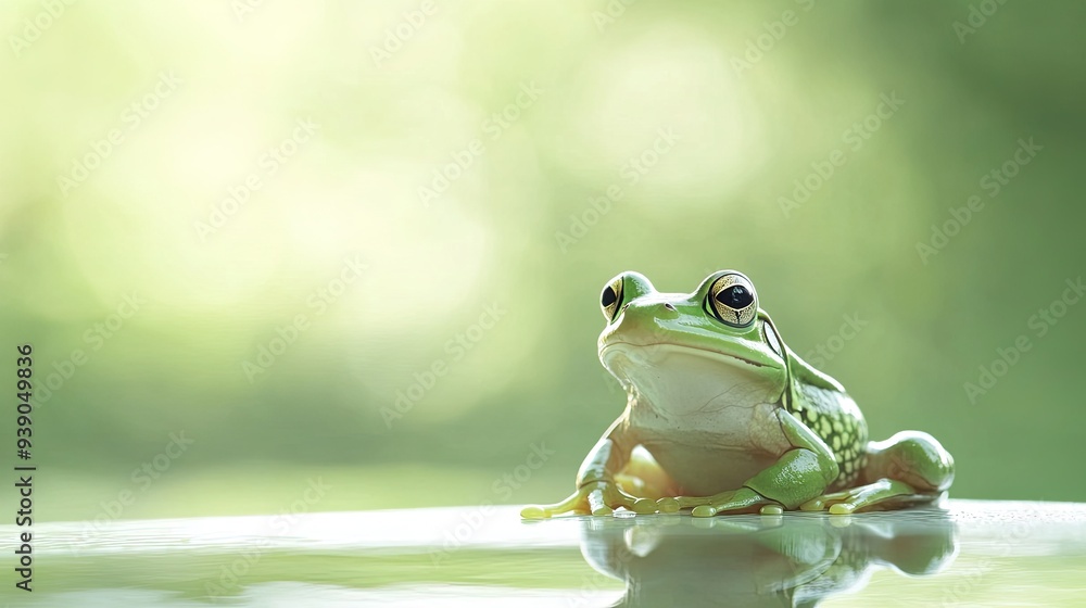 A minimalist scene of a green frog sitting quietly on a bright surface ...