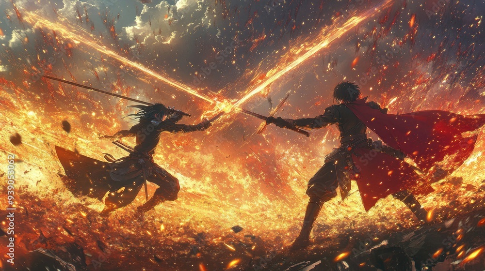 An action-packed anime battle scene with characters clashing swords in ...