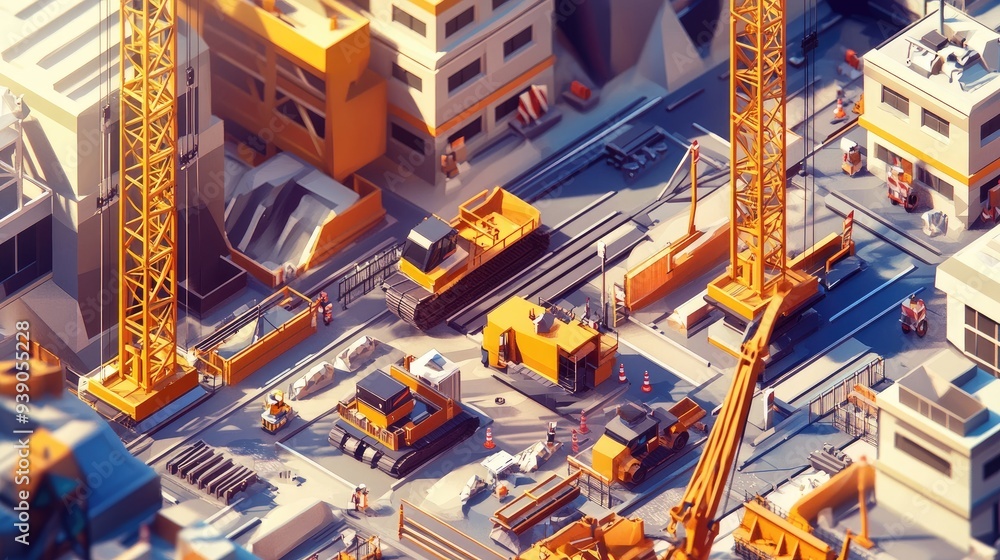 An isometric low poly construction site in anime style, featuring ...