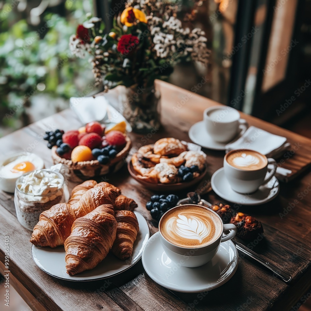 Petit déjeuner français, avec croissant, café et jus de fruit Stock ...