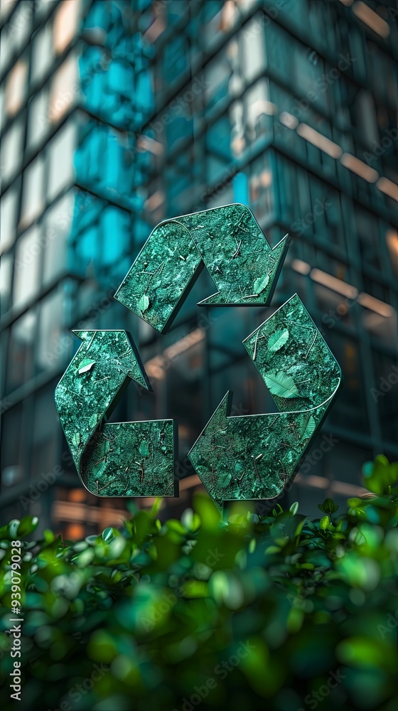 A textured green recycling logo appears prominently in front of a ...