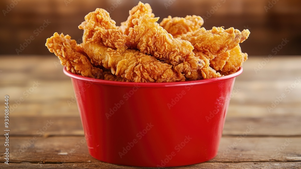 Golden, crispy fried chicken strips packed in a large red bucket, mouth ...