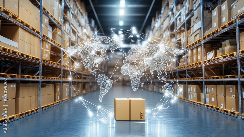 Global supply chain logistics concept with warehouse storage and world ...