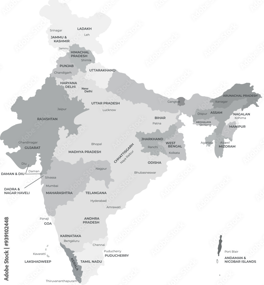 Greyscale map of india administrative region names with national ...