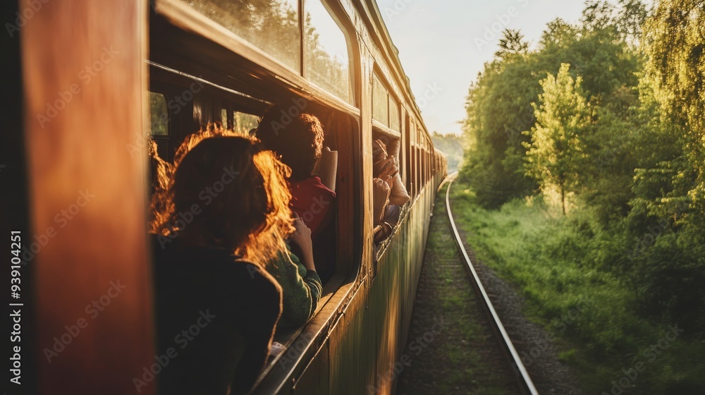 Travelers lean out of the train windows, taking in the beautiful sunset ...
