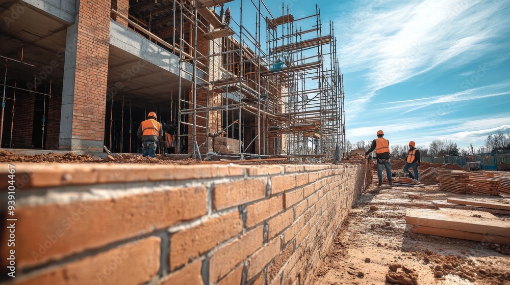 At a bustling construction site, several workers in safety gear lay ...
