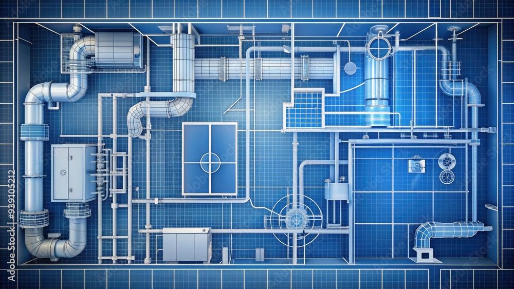 Detailed blueprint of a commercial building's heating, ventilation, and ...