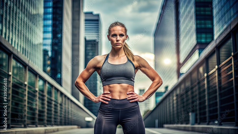 Determined female athlete stands strong in a powerful stance, arms ...