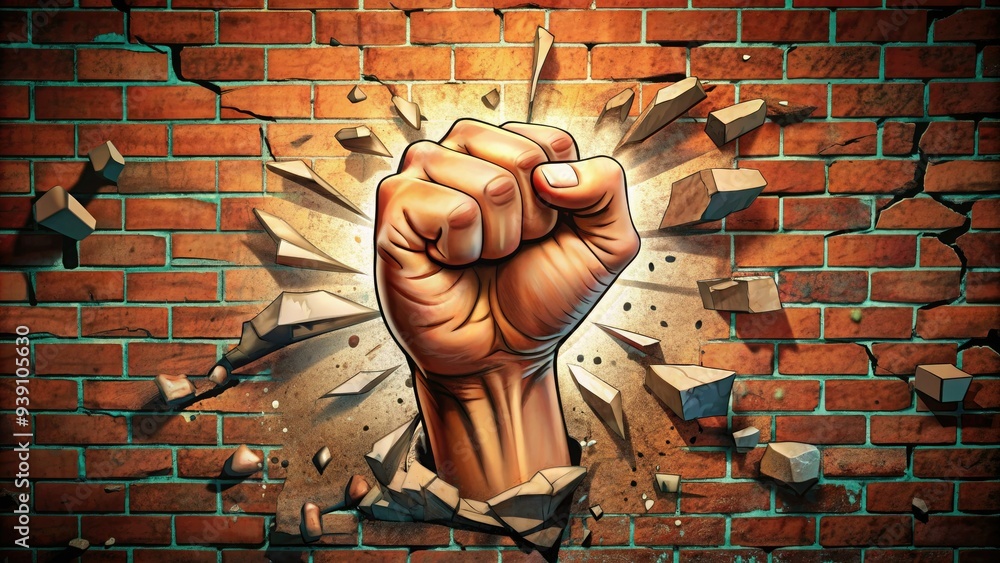 Determined fist punches brick wall in a comic book-inspired ...