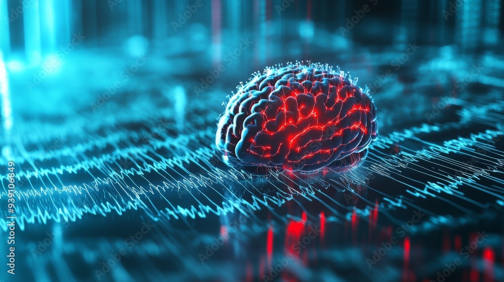 Detailed shot of a modern EEG device with electrical wave patterns ...