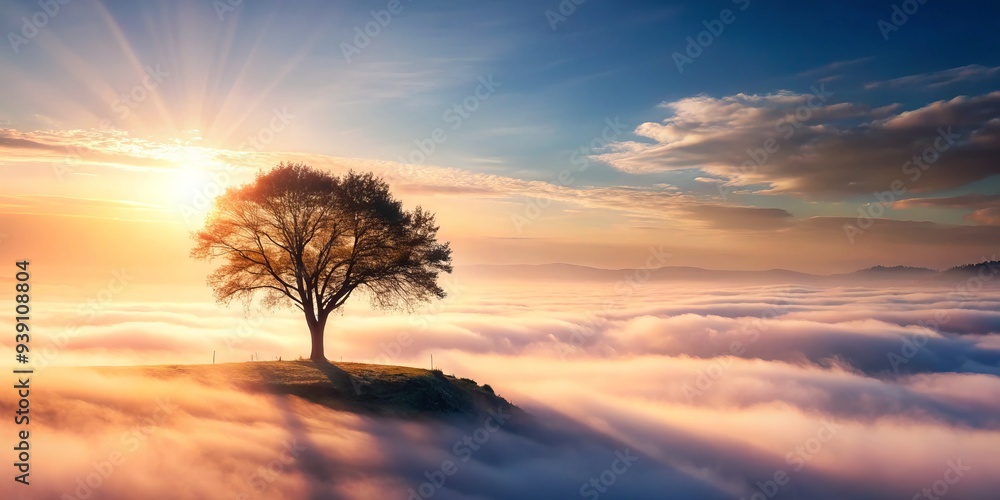 Ethereal wisps of fog envelop a lone tree's rugged contours against a ...