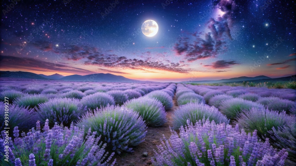 Dreamy nocturnal landscape featuring a serene field of lavender under a ...