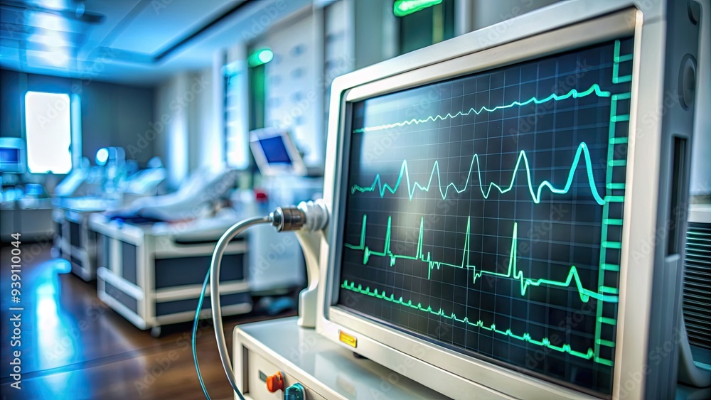 EKG monitor displays rapid heartbeat rhythm, illustrating ventricular ...