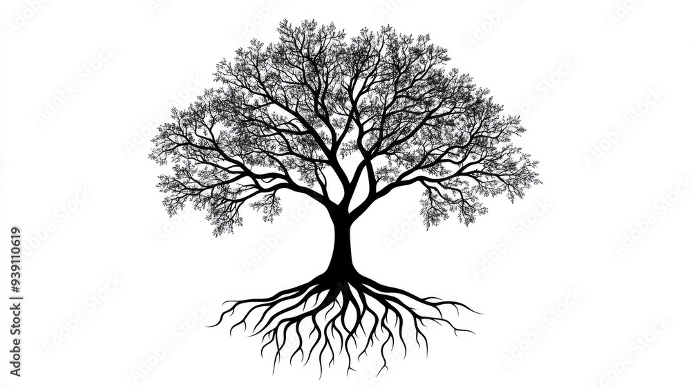 Vector illustration of a black tree silhouette with intricate roots ...