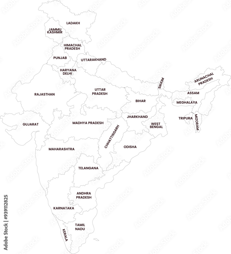 Outline Detailed map of india. Administrative border map of India with ...