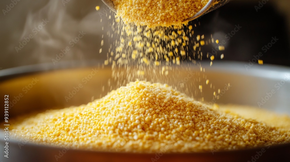 Detailed shot of cornmeal being poured into a mixing bowl, with the ...