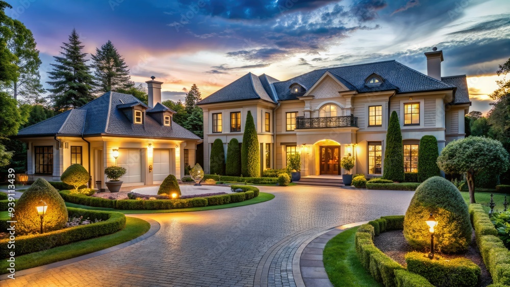 Elegant mansion with sprawling driveway and manicured gardens aglow ...