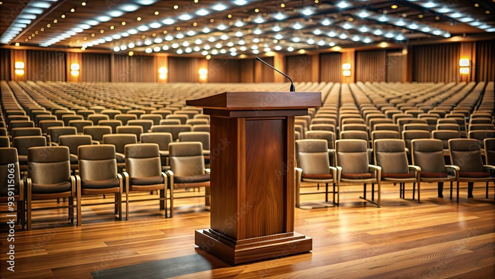 Elegant wooden podium with microphone stands in a dimly lit, luxurious ...