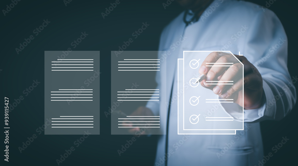 Doctor, person and healthcare professional using pen virtual screen ...