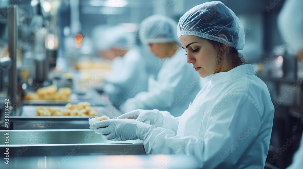 Workers in a food production facility wearing hairnets and gloves ...