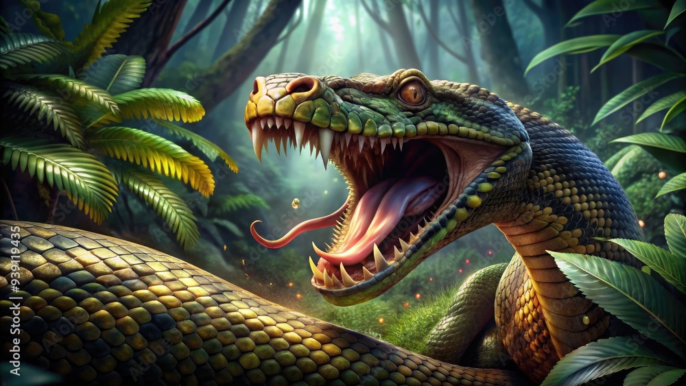 Fierce serpent coils around victim's leg, jaws wide open, revealing ...