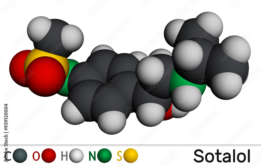 Sotalol drug molecule. Used to treat and prevent abnormal heart rhythms ...