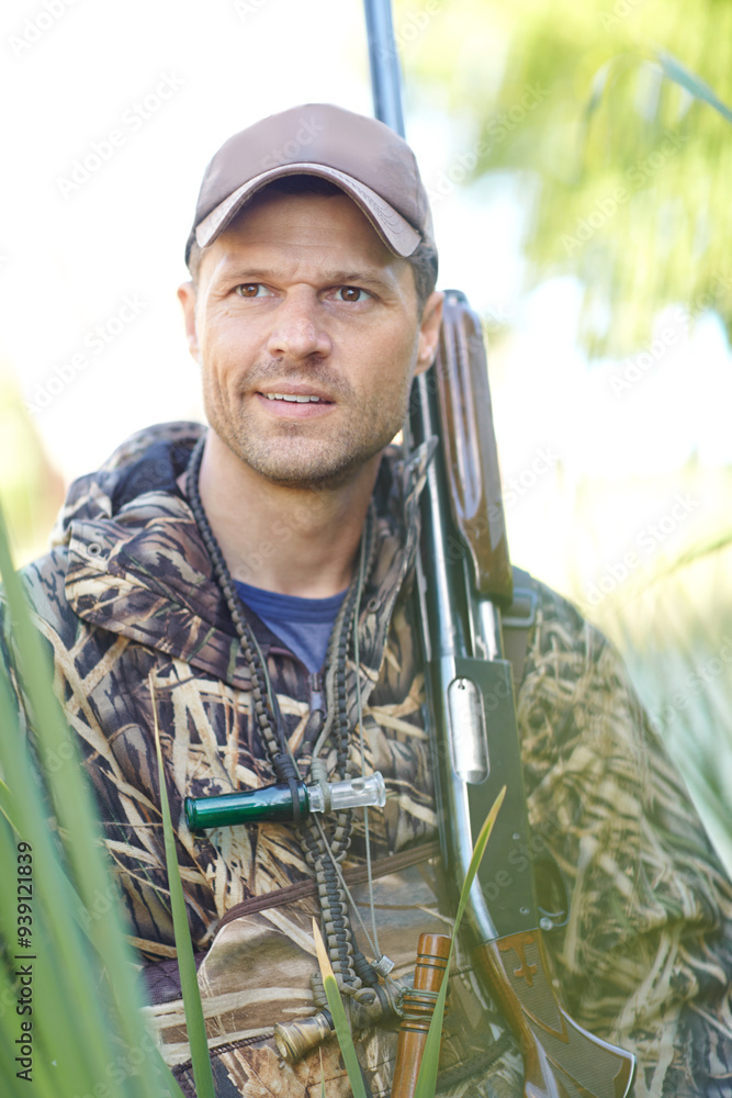 Man, hunting and gun with gear outdoor for camouflage, wildlife and ...