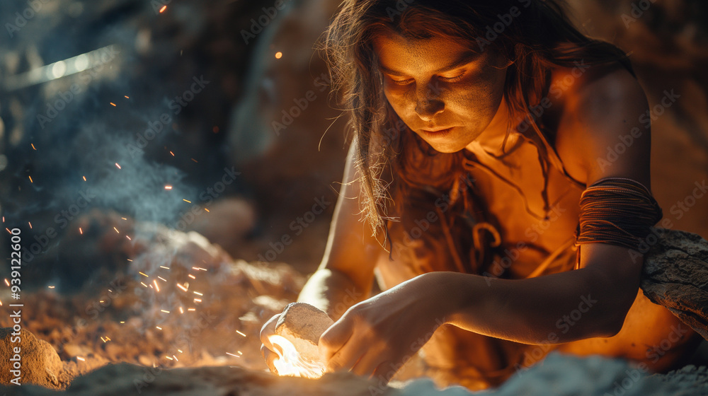 Neanderthal woman creating fire with flint in a cave setting. Stock ...