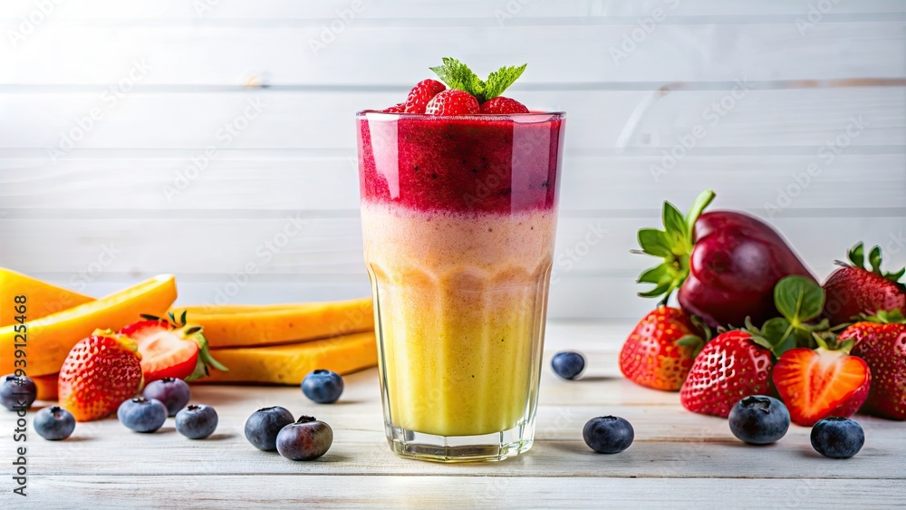 Freshly blended fruit shake with vibrant colors and thick creamy ...
