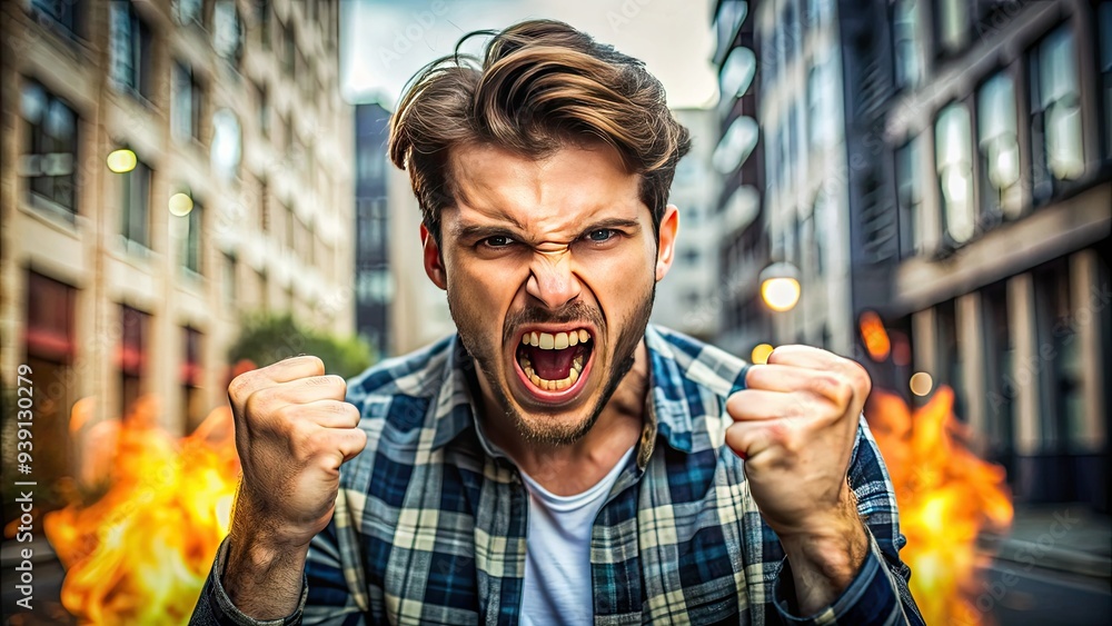 Frustrated young adult male with a fiery expression, clenching his ...