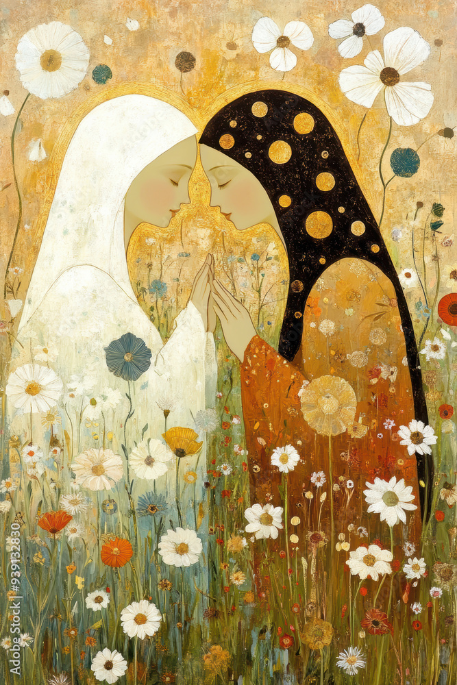 Poster painting of the Visitation depicting the biblical scene in which ...