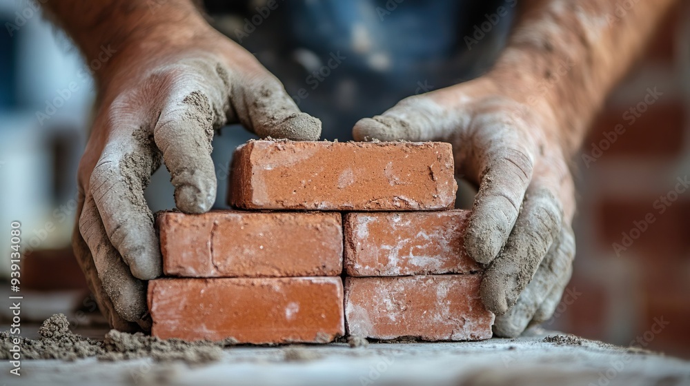 Skilled hands placing bricks carefully to construct a strong wall. A ...