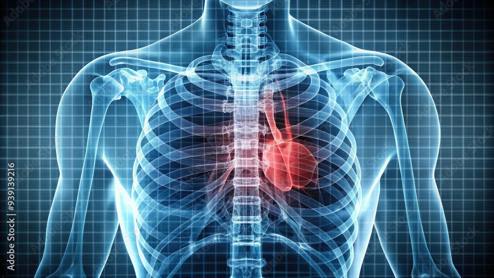 High-contrast digital chest X-ray image displaying lungs, ribs, and ...