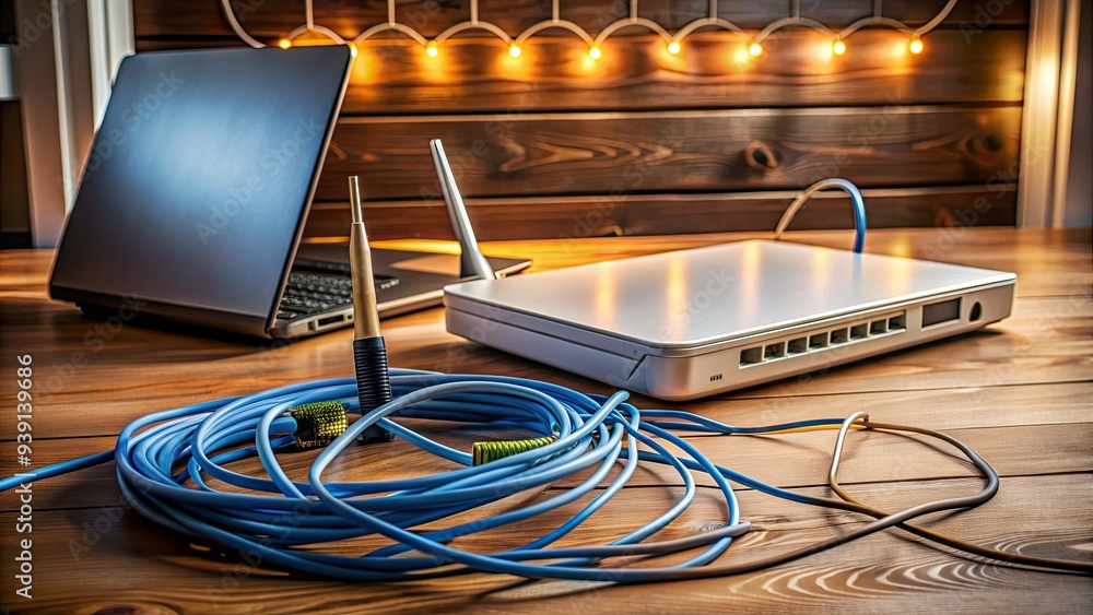 High-tech modem device connected to a sleek laptop computer, surrounded ...