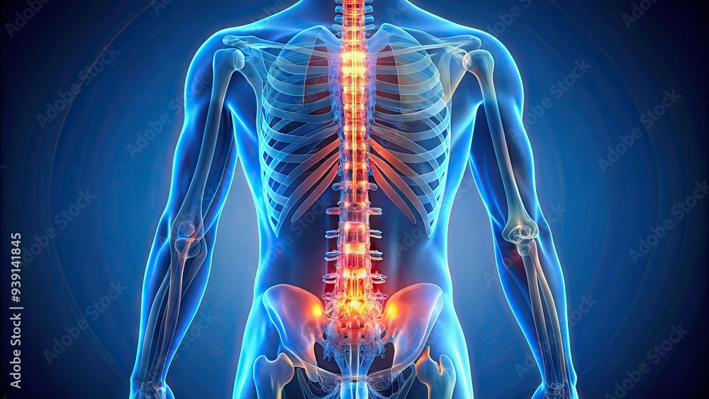 Illuminated 3D illustration of the human lower back, highlighting the ...