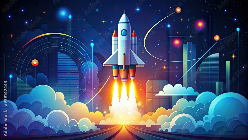 Illustrated infographic of a rocket launch, highlighting components ...