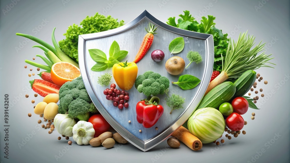 Illustration of shield protecting fresh fruits and vegetables from ...