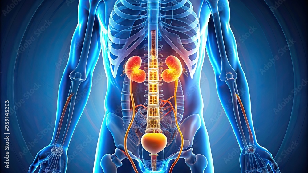 Illustration of the human urinary system showing kidneys, ureters ...