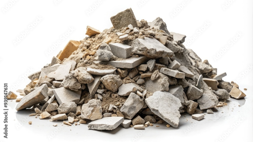 Isolated heap of broken concrete rubble with rough edges and faded ...