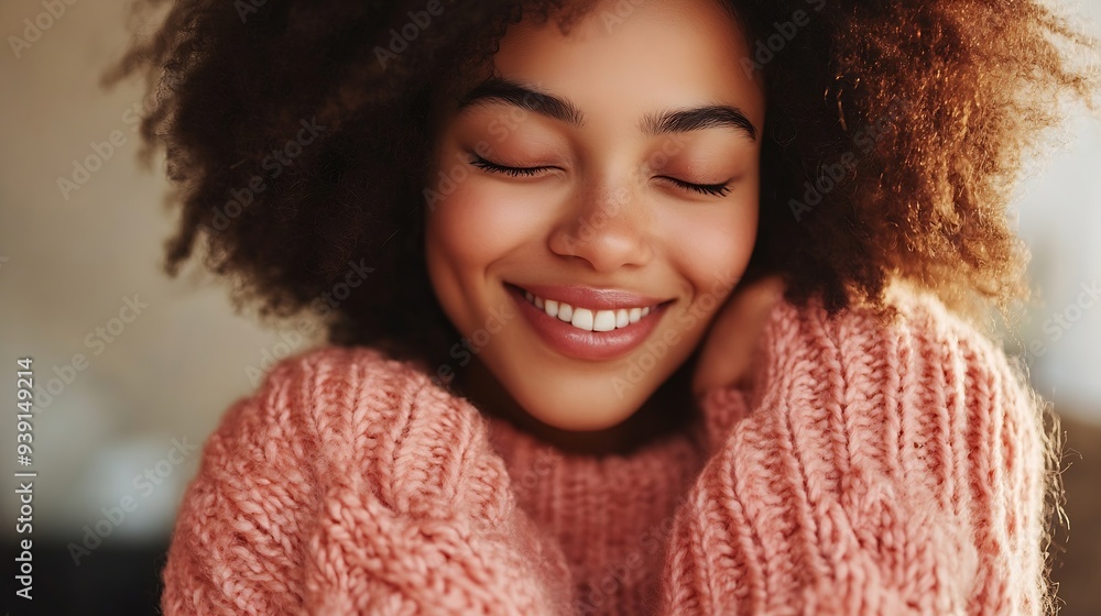 Love yourself concept Photo of lovely smiling woman embraces herself ...