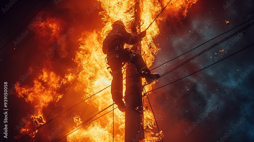 Flames engulf a utility pole as a determined firefighter climbs to ...