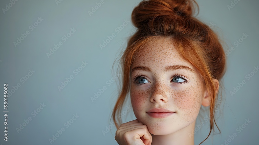 Hmm Let me think Studio shot of cute redhead girl with hair knot and ...