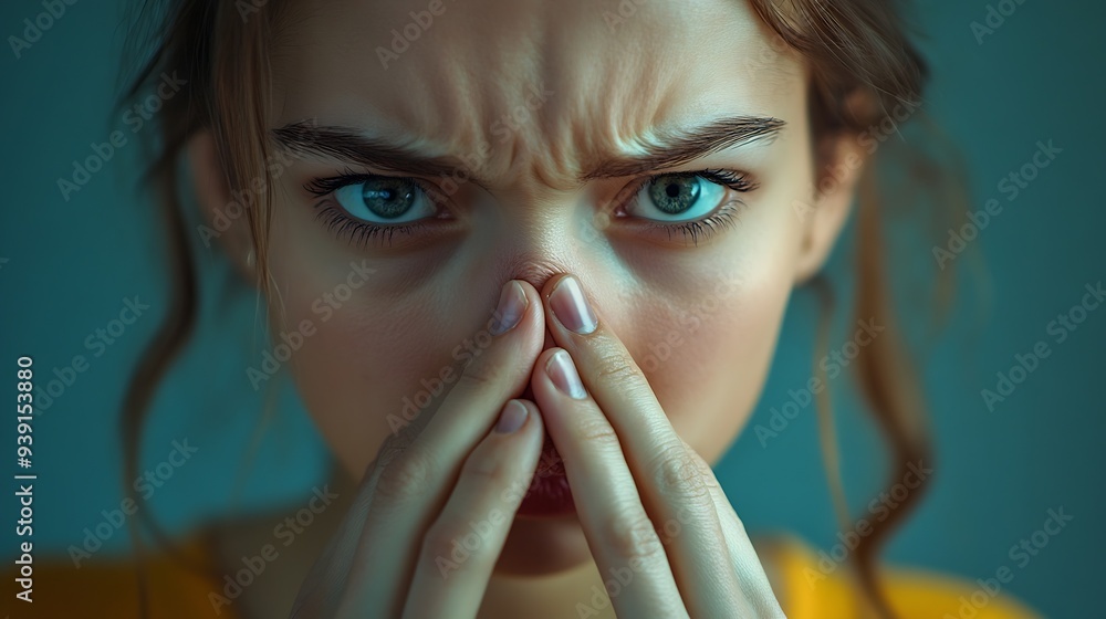 Female gesture smells bad Headshot woman pinches nose with fingers ...