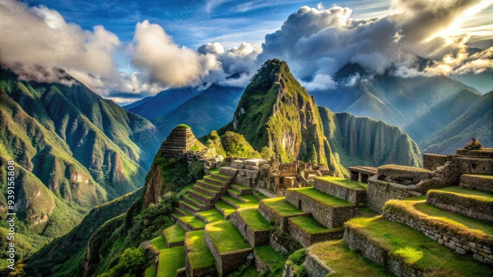Majestic Andean cliffside in Peru, with lush greenery and ancient stone ...