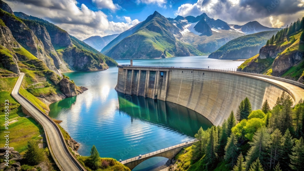 Majestic arch-gravity dam spanning a serene lake, its gentle curve and ...