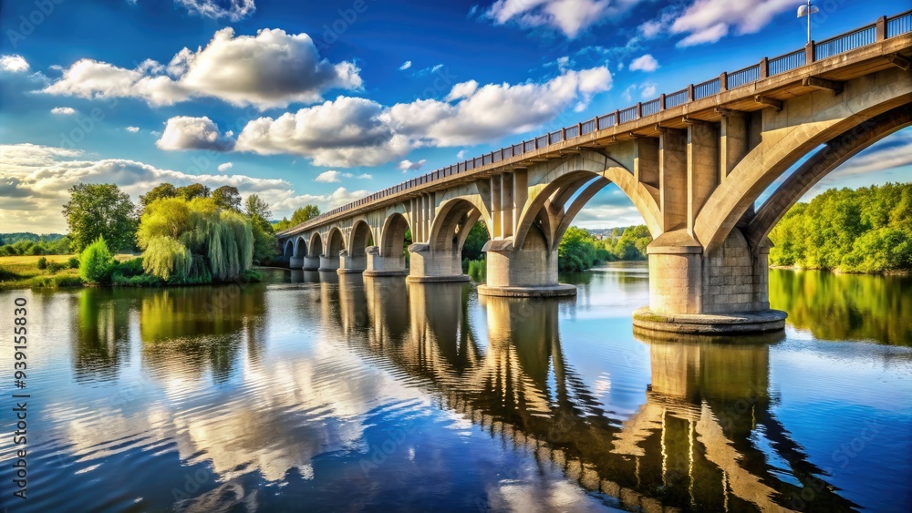 Foto de Majestic arched reinforced concrete bridge spans a serene river ...