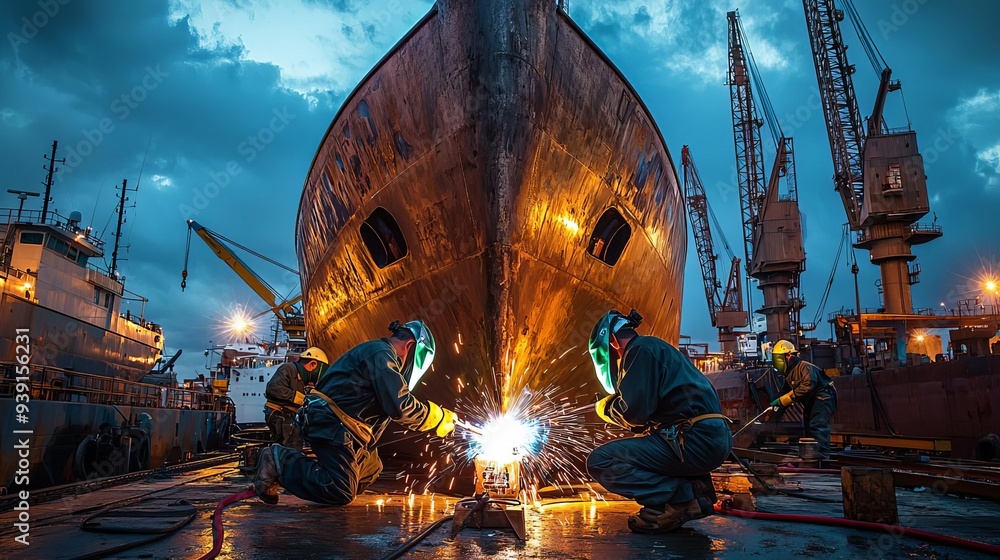 Marine Engineer Workers Welding Ship An intense industrial scene of ...