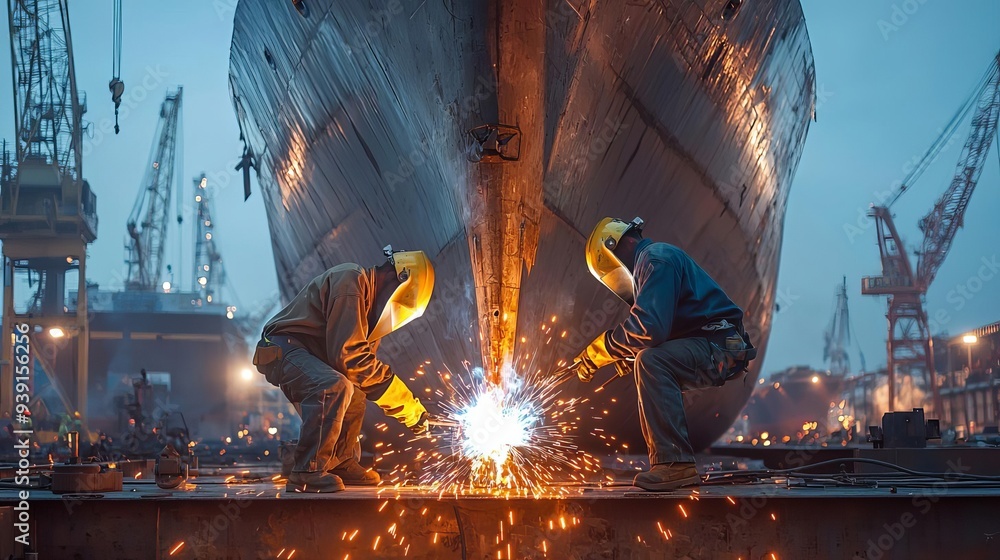 Marine Engineer Workers Welding Ship A striking industrial scene of ...