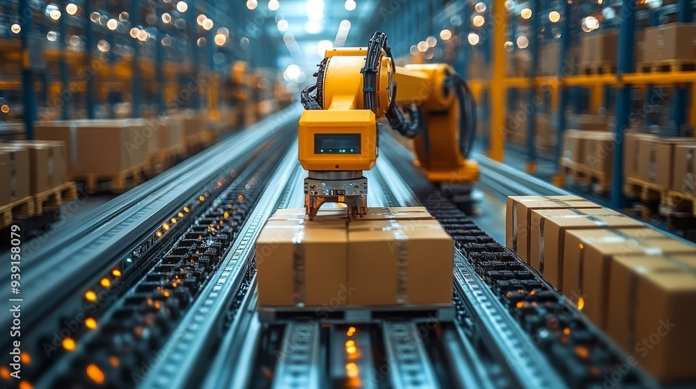 Automated warehouse with robots managing inventory, sorting packages ...